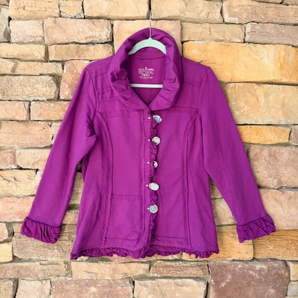 neon buddha | Sweaters | Neon Buddha L Purple Ruffle Button Up Cardigan ...